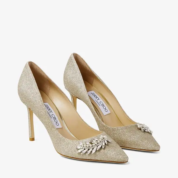 Jimmy Choo Romy 85 Platinum Ice Dusty Glitter Pointed-Toe Pumps